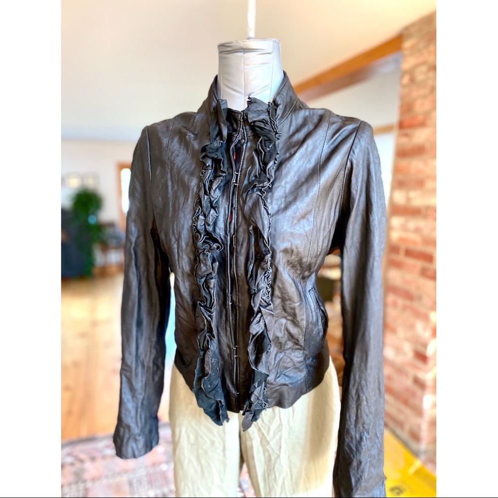 Cach Black Leather Jacket W/ Ruffles - Gem